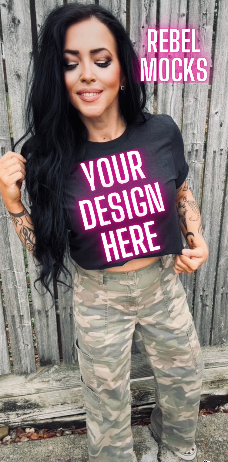 Dark Heather Tee Model Mock Up Edgy Vibes – Rebel Mocks & Badghoul Digital