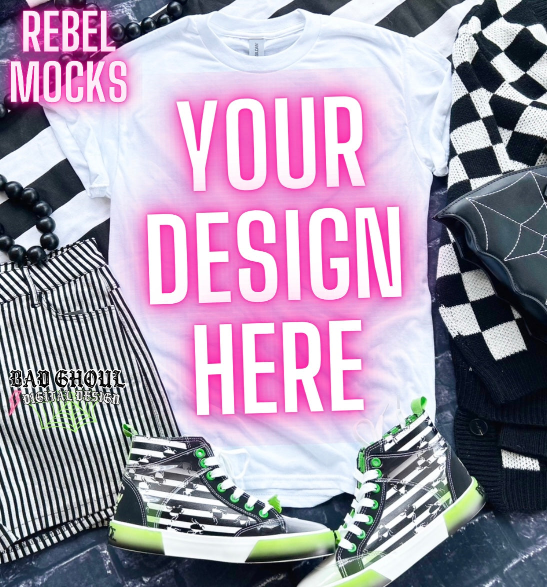 White Tee Flat Lay Mock Up TRENDING – Rebel Mocks & Badghoul Digital