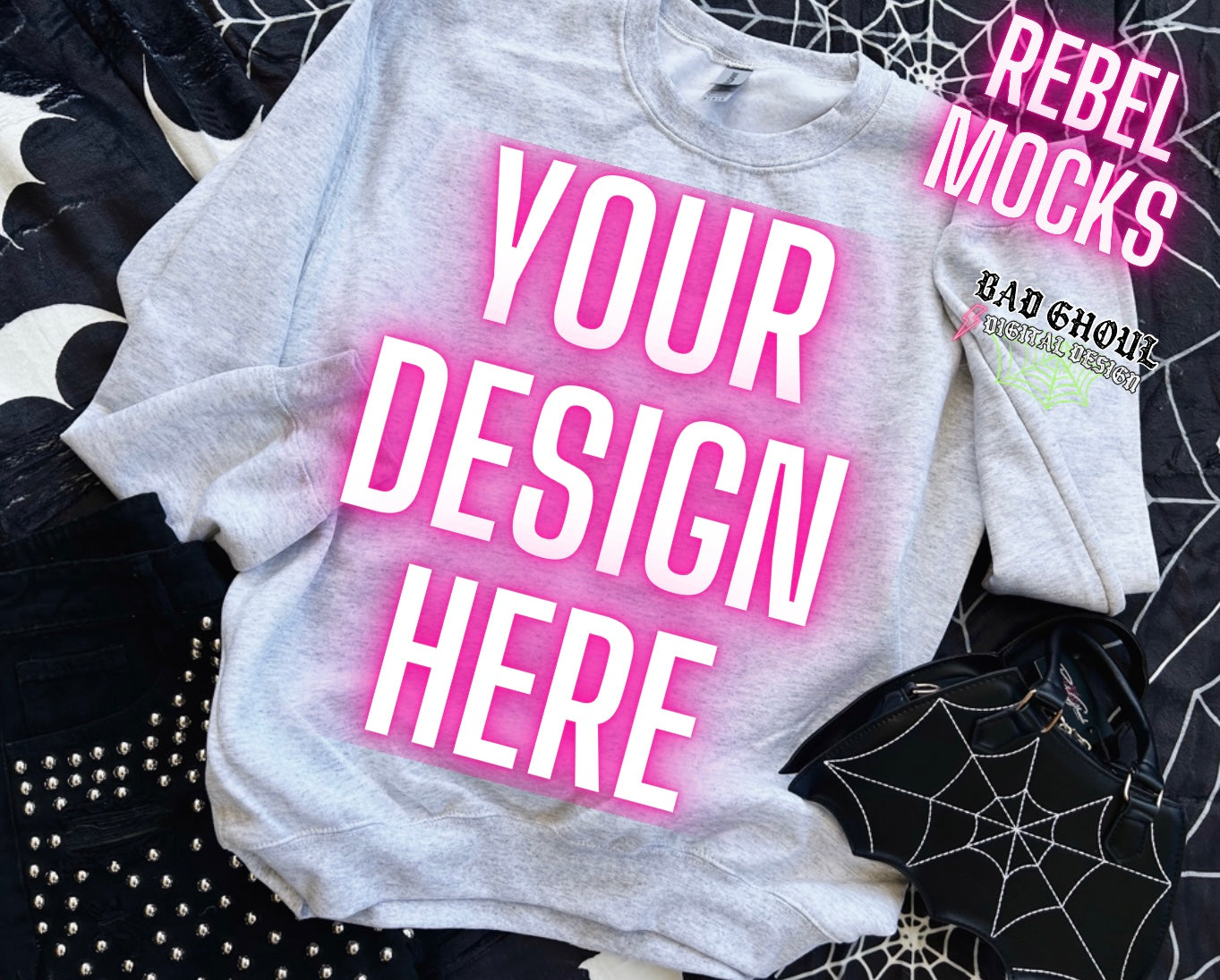 Ash Crew Neck Trendy Flat Lay – Rebel Mocks & Badghoul Digital