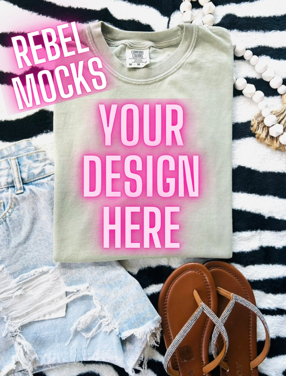 Comfort Colors Bay Tee Flat Lay Mock UP – Rebel Mocks & Badghoul Digital