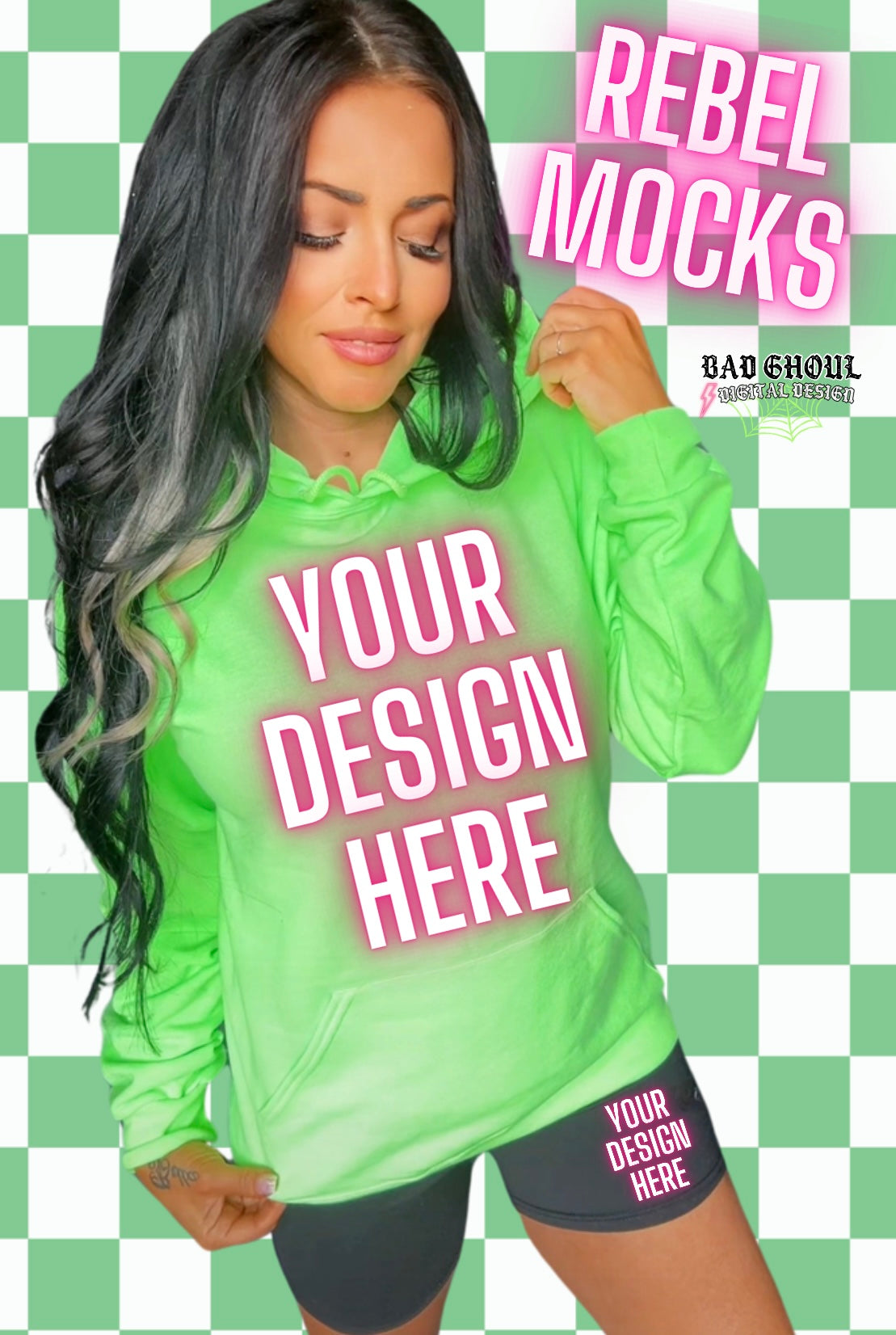 Neon Green Checkered IRL Model Mock Up TRENDING – Rebel Mocks ...